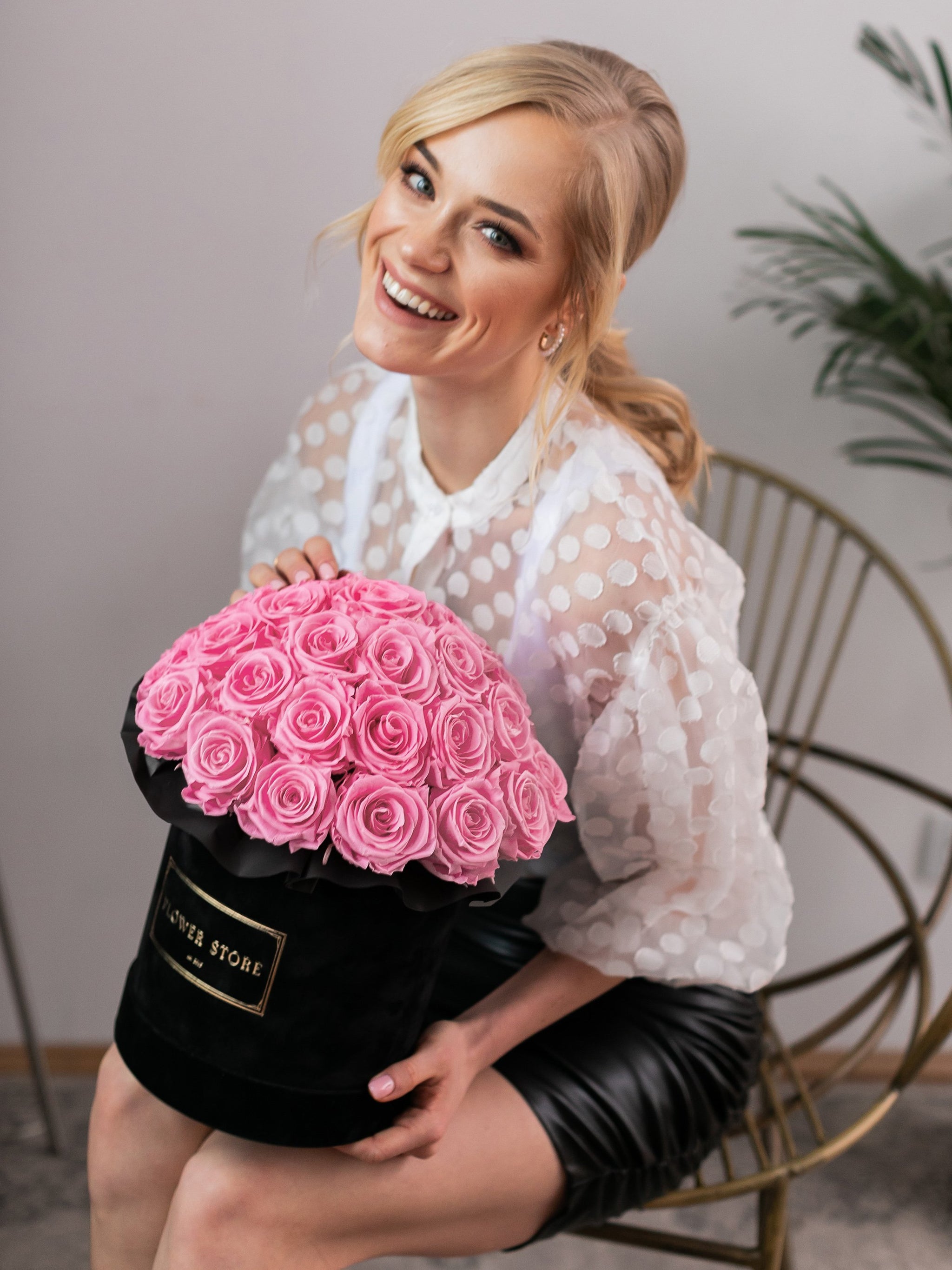 Black flowerbox with pink eternal roses - all sizes